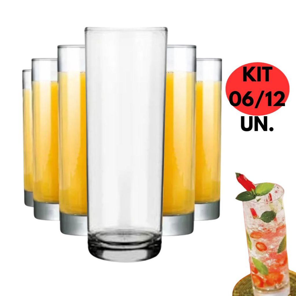 Jogo Kit 06/12 Copo Tubo Cylinder Vidro 320ML Resistente Cristalino Suco Refrigerante Drink Agua ...
