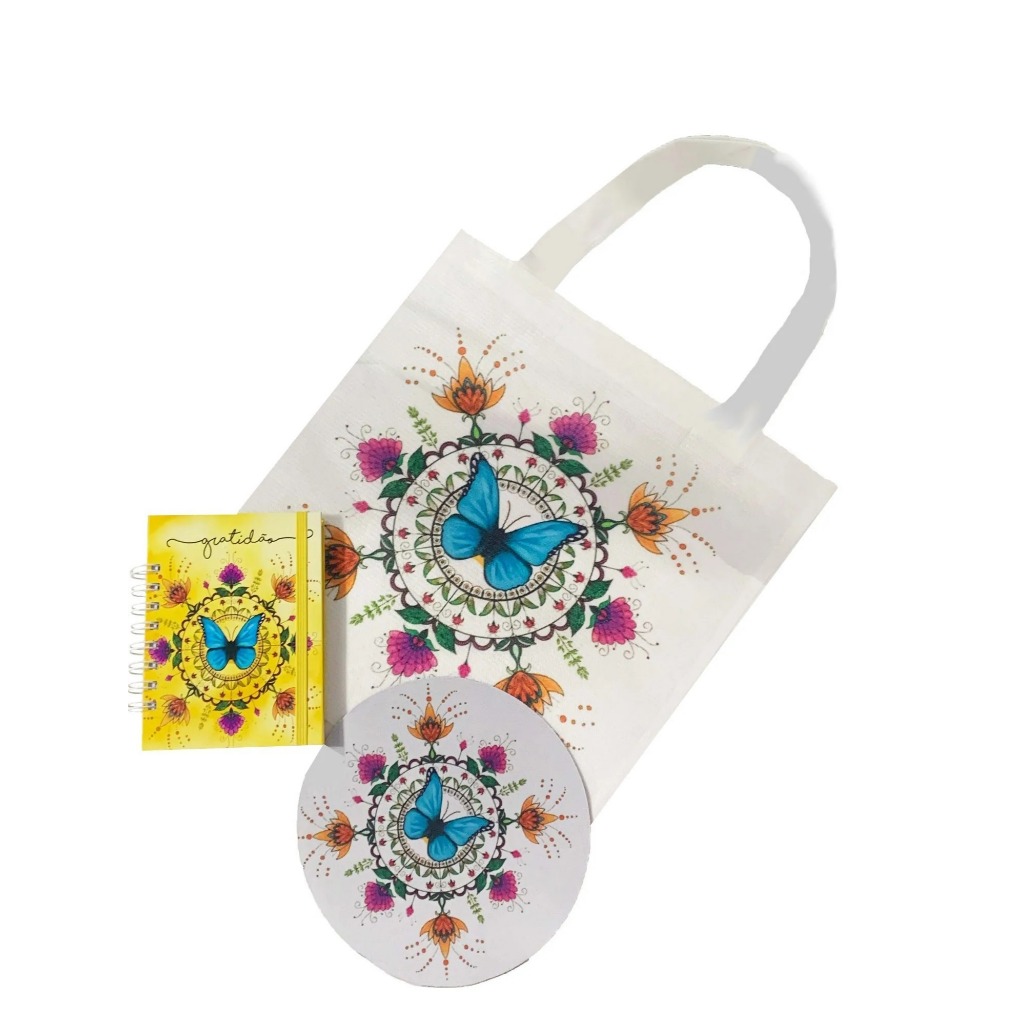Kit Ecobag Mandala Borboleta Azul Agenda Funcional MousePad Antiderrapante Resistente Média ...
