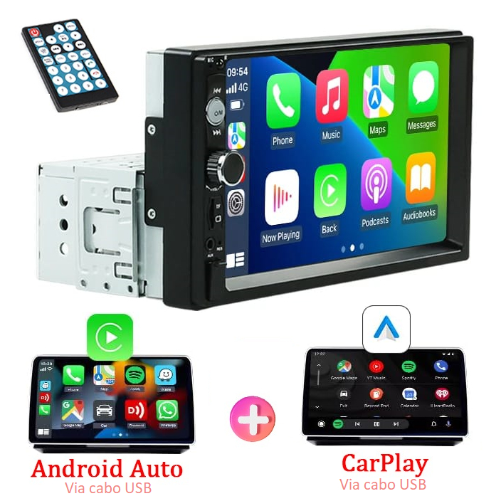 Central Multimídia MP5 1Din 7p, Bluetooth, CarPlay e Android Auto, USB, Espelha Waze, Maps ...