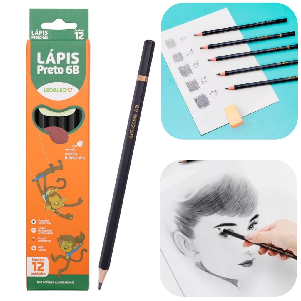 Lápis Preto Grafite Profissional 6b Caixa C/ 12 Un - Leonora | Shopee ...