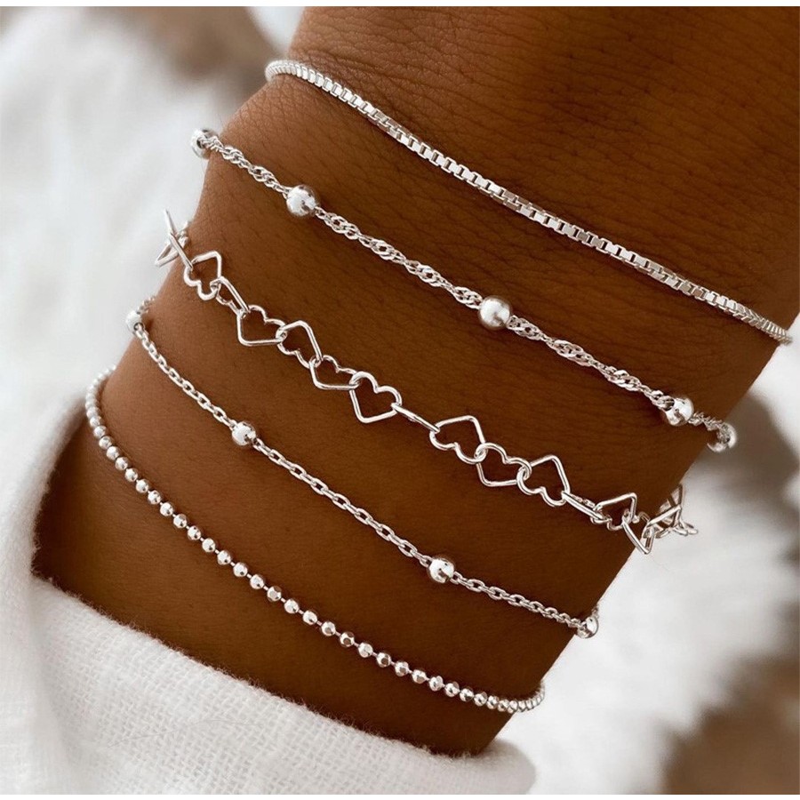 Kit De Pulseira Com 5 peças Prata Feminino Coração Delicado | Shopee Brasil