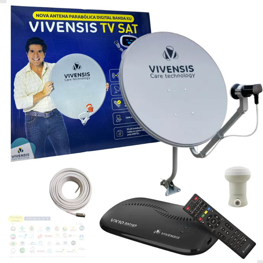 Kit Antena Parabólica Completo Com Receptor Digital VX10 Vivensis Lnbf ...