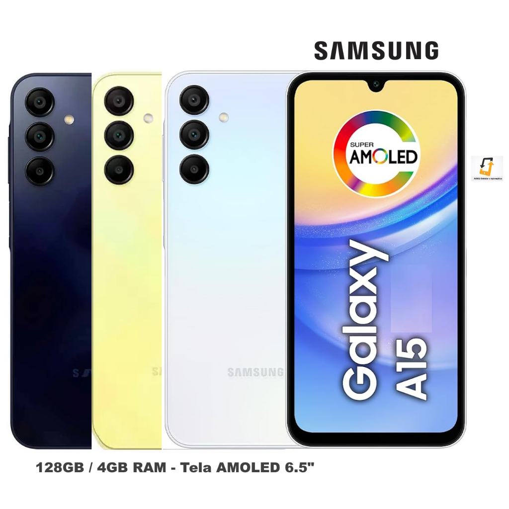 Samsung A15 128GB One Sim 6GB ou 4GB RAM, Tela Super AMOLED 6.5", NFC ...