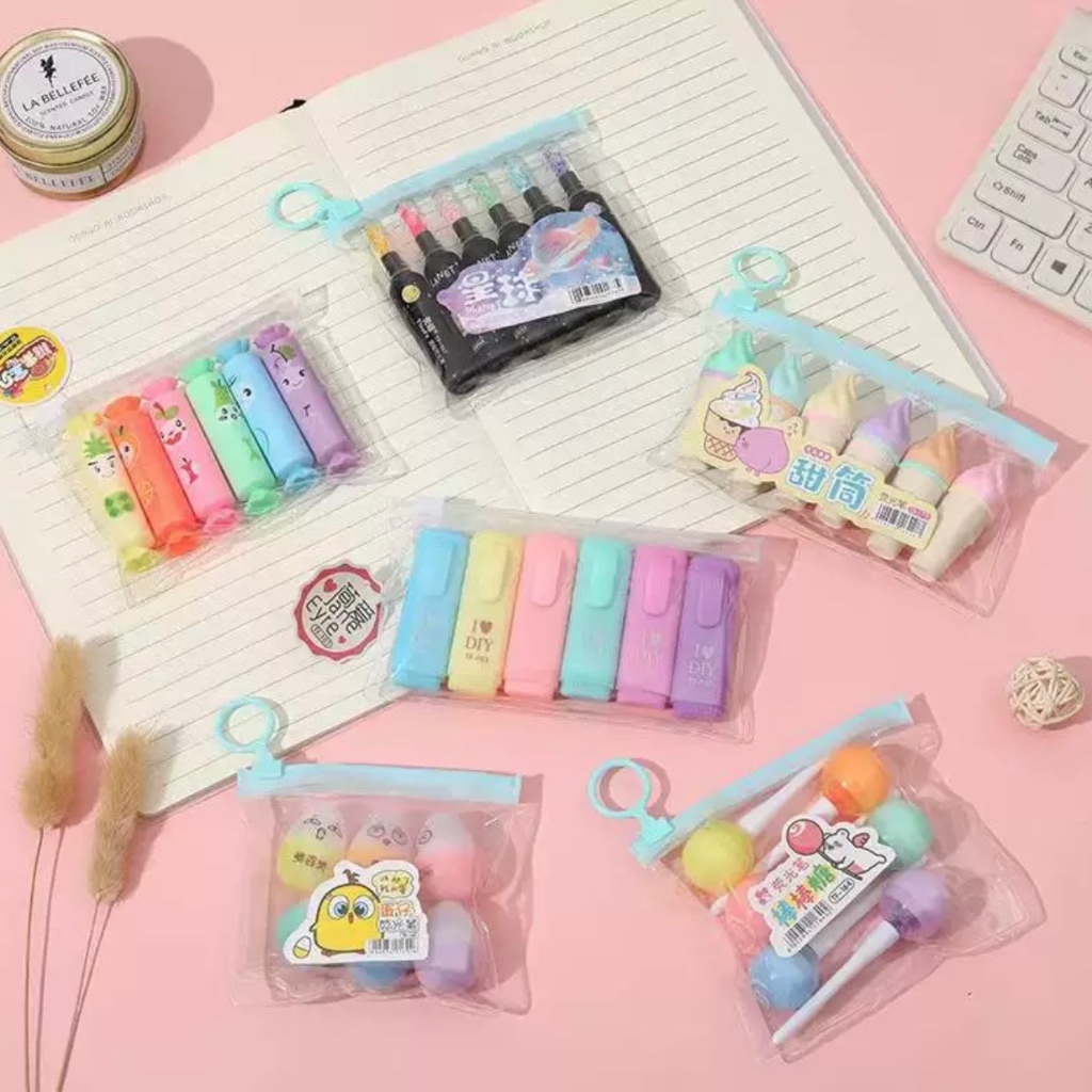 Kit 10 Pacotes/Com 6 Peças Mini Marcador De Texto / Kawaii Desenho Fofo ...
