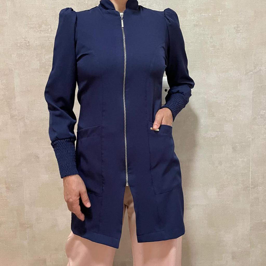 Jaleco Feminino Acinturado Manga Princesa Gabardine Premium Luxo Gola Padre Princess Azul ...