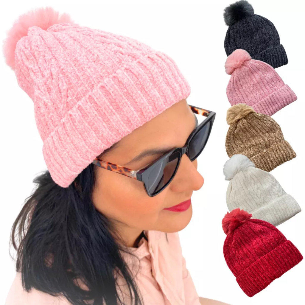 Touca de Inverno com Pelucia Feminina com Pompom forrada Lã Frio ...