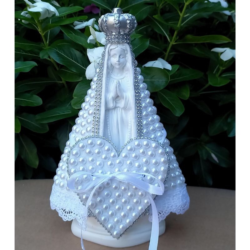 Porta aliança Nossa Senhora Aparecida perolas Brancas cor Prata ...