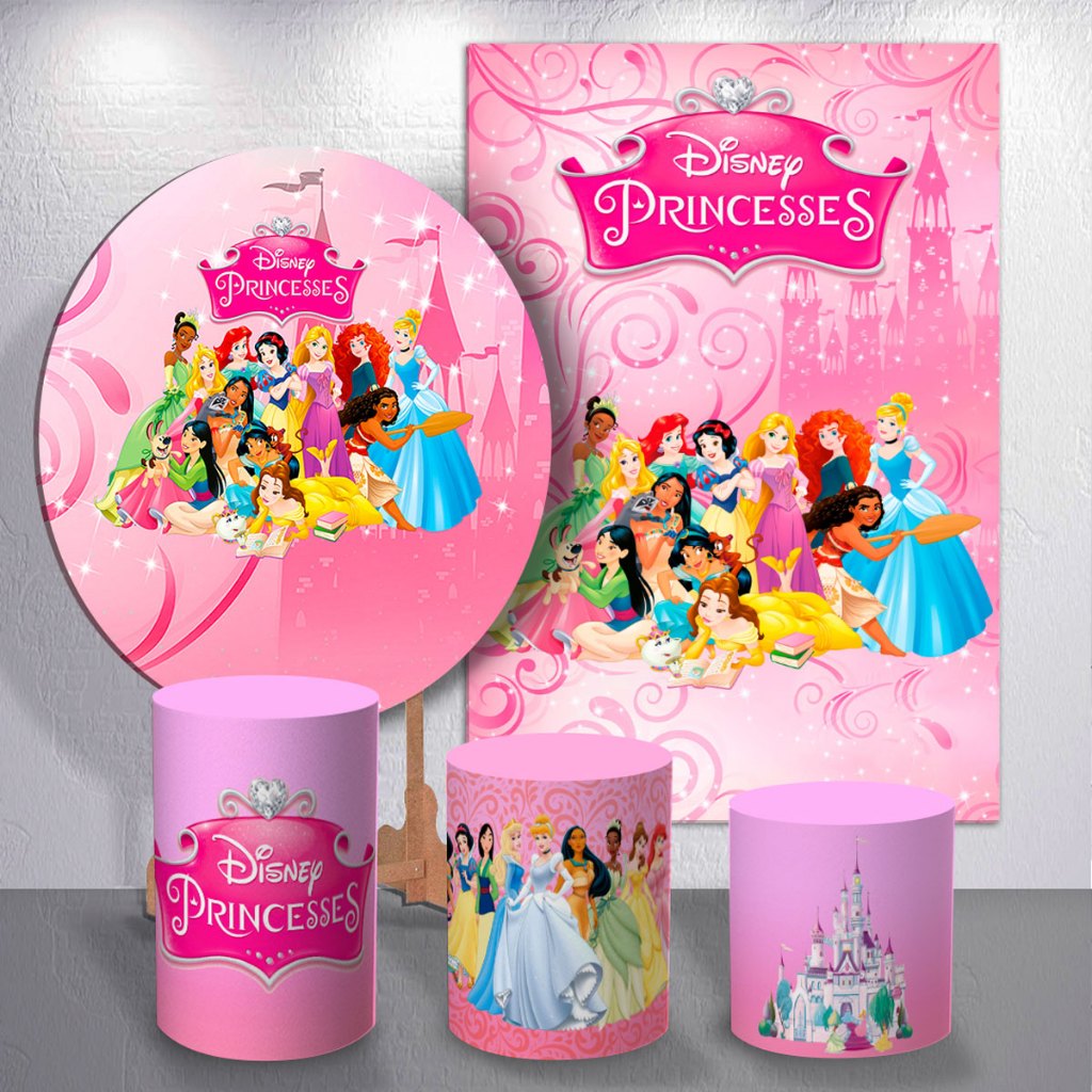 Capa De Painel De Festa Varias Princesas Castelo Trio Cilindro Painel ...
