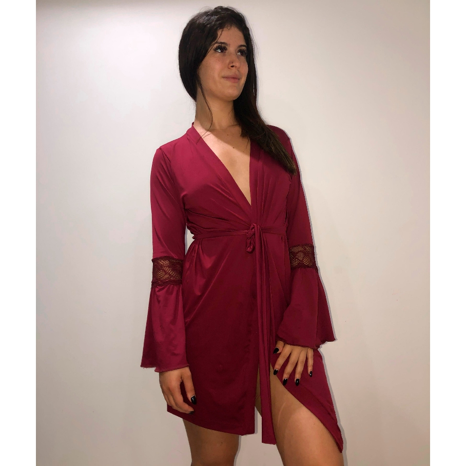 Robe Luxo Manga Longa com Renda Hobby Feminino Roupão Confortável LINHA NOITE LINGERIE | Shopee ...