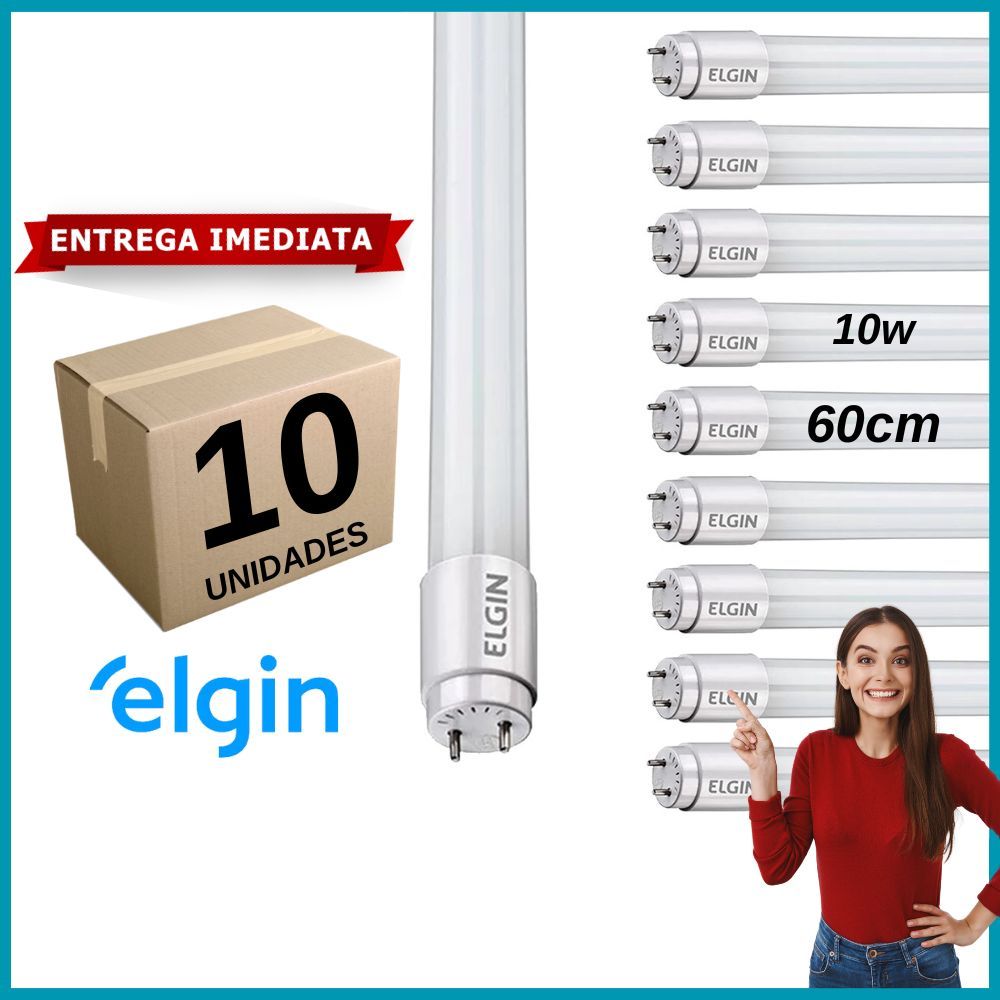 Kit 10 Lâmpada Led Tubular 60cm 10w T8 Branco Original Elgin 0,60m | Shopee Brasil