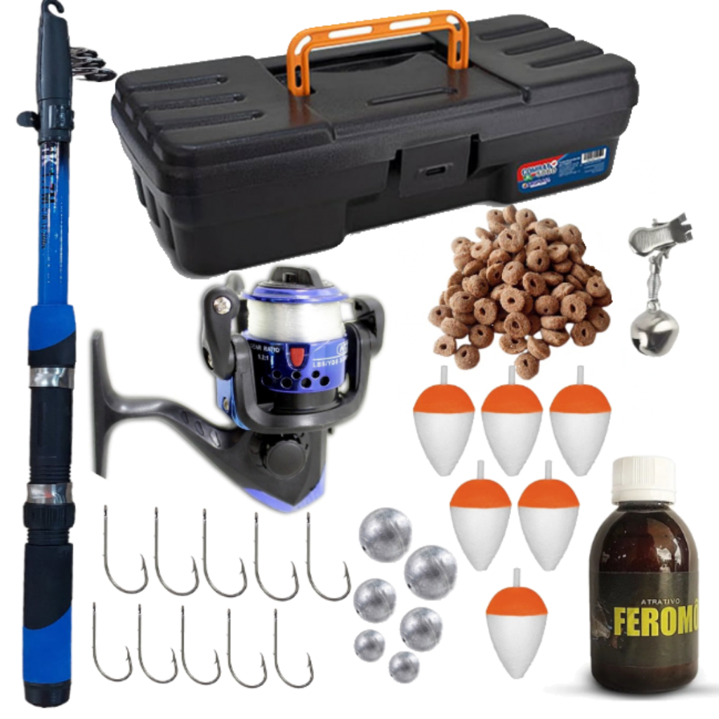 Kit Pesca Completo Com Maleta Vara Molinete Anzol Boia Chumbada Guizo Isca Furadinha e Feromonio ...