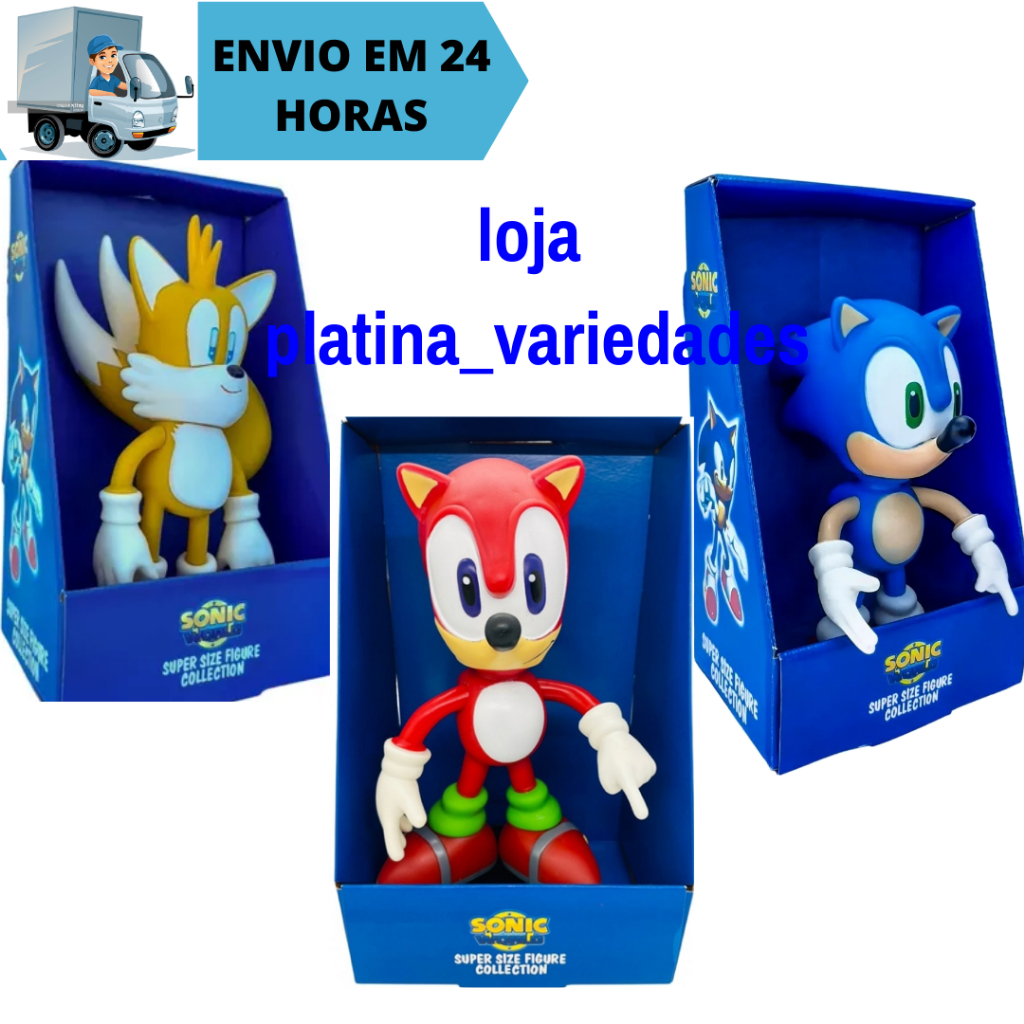 Combo 3 Bonecos Sonic Azul e Tails e Sonic Preto Collection Grandes ...