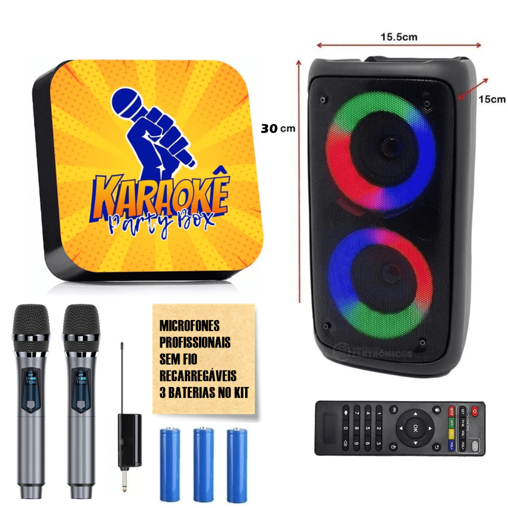 Karaoke Party Box +2 Microfones Sem Fio +Caixa De Som +2000 Músicas ...