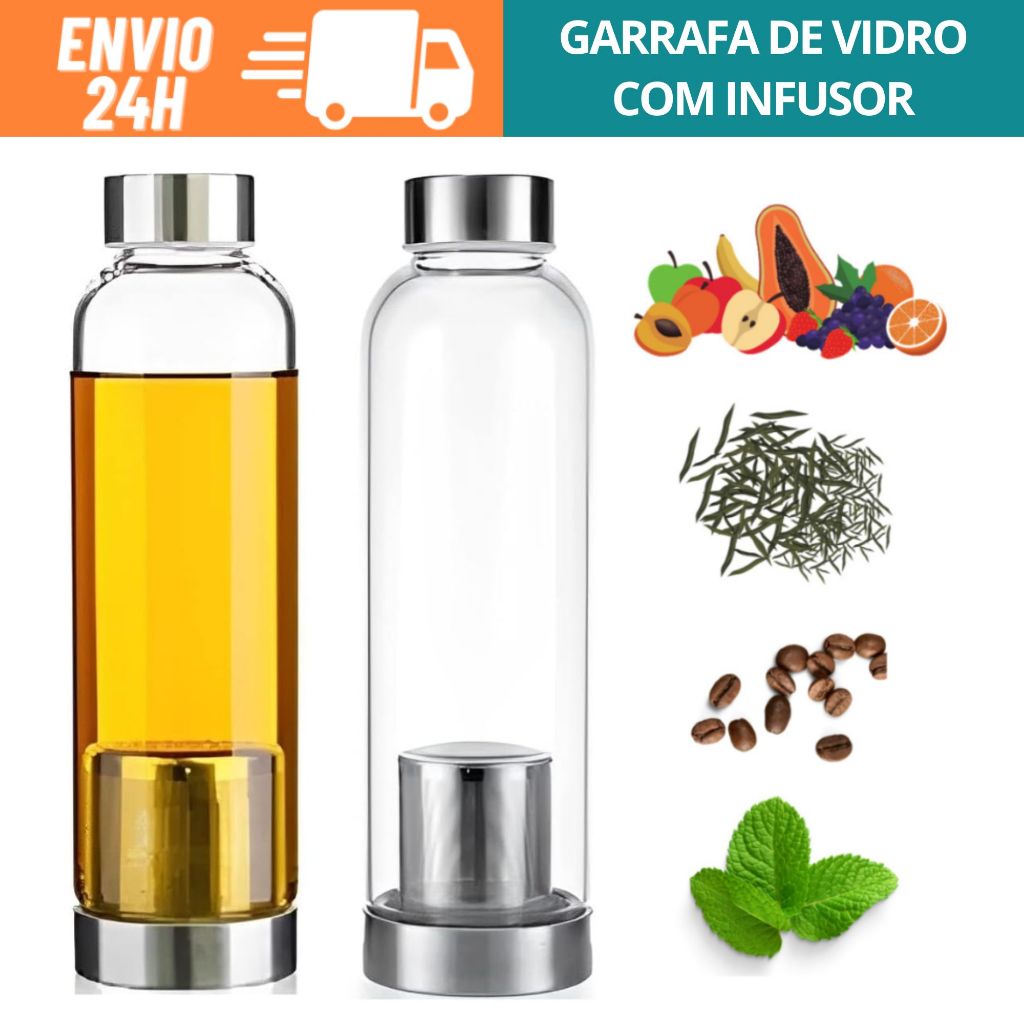 Garrafa de Vidro com Infusor em Inox para Chás e Frutas Água Saborizada 550ml | Shopee Brasil