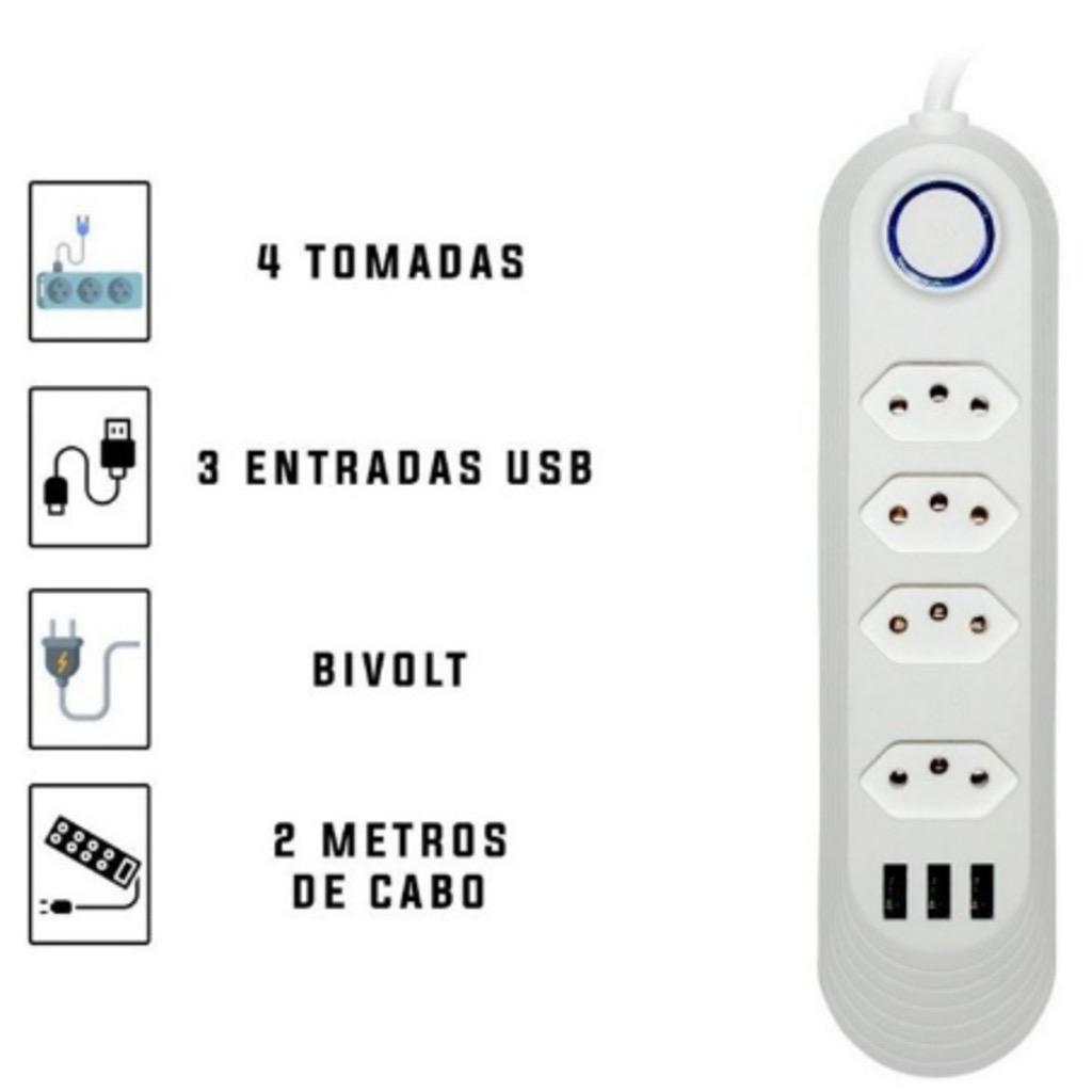 Extensão Elétrica 2m Com 4 Tomadas e 3 Entradas USB com Botão Power A191 | Shopee Brasil