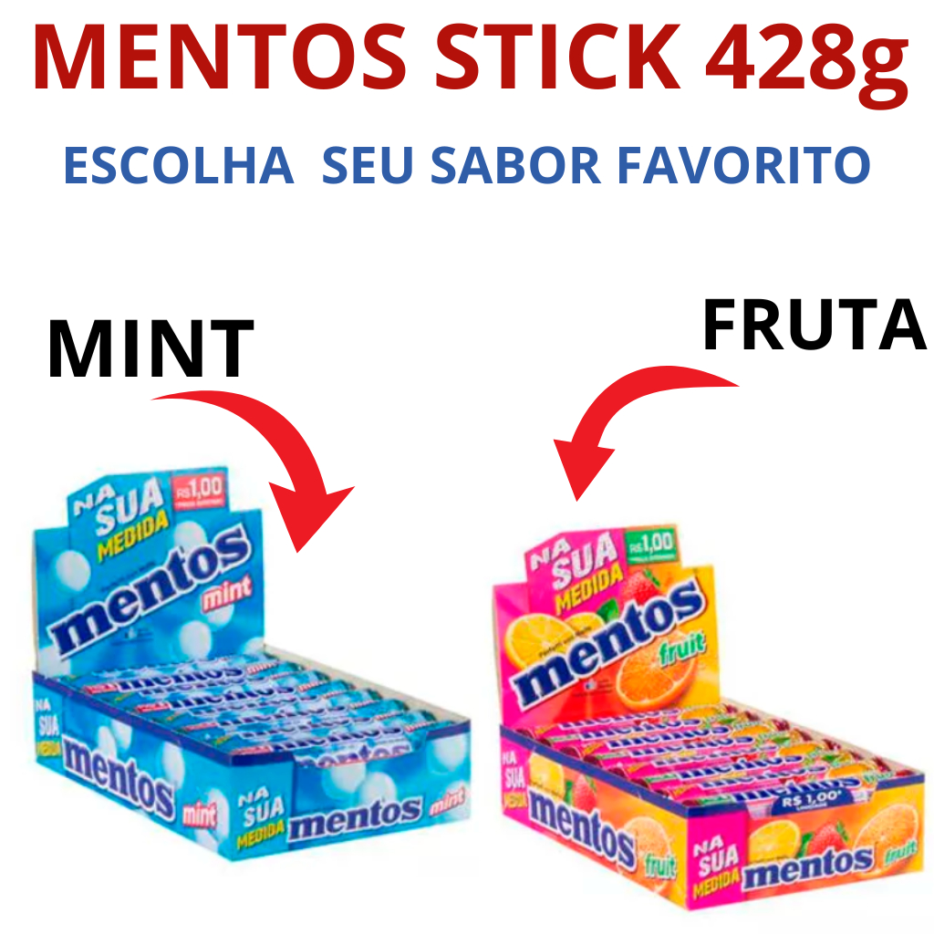 Mentos Stick 428g Bala Mastigavel - Sabor Menta ou Fruta - Diplay com ...