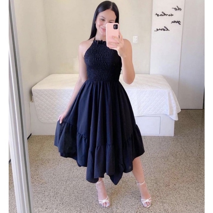vestido Midi Lastex Gola Alta Saia Rodada | Shopee Brasil