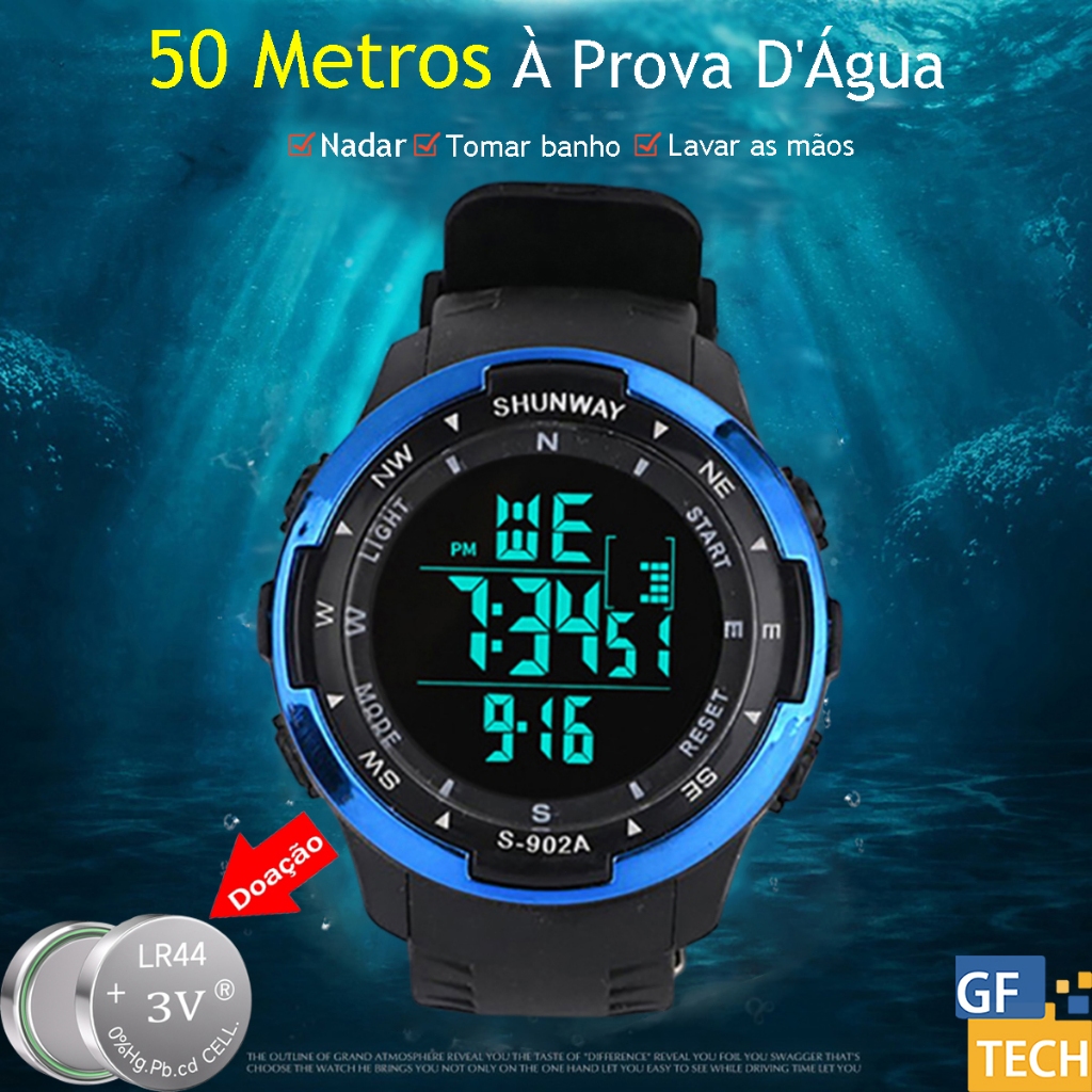 Relógio Digital Masculino 50M À Prova D 'Água Esportivo Original Com Led/Alarme/Cronômetro S902A ...