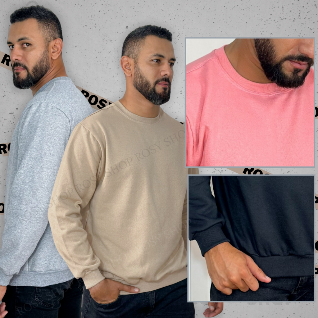 Moletom Sem Capuz Gola Redonda Liso Blusa Frio Casaco Masculino Sem ...