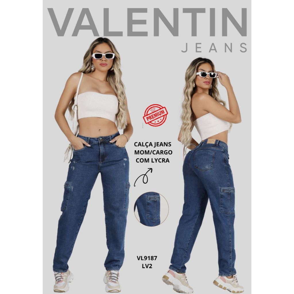 CALÇA JEANS MOM CARGO FEMININA VALENTIN JEANS DELUXE | Shopee Brasil