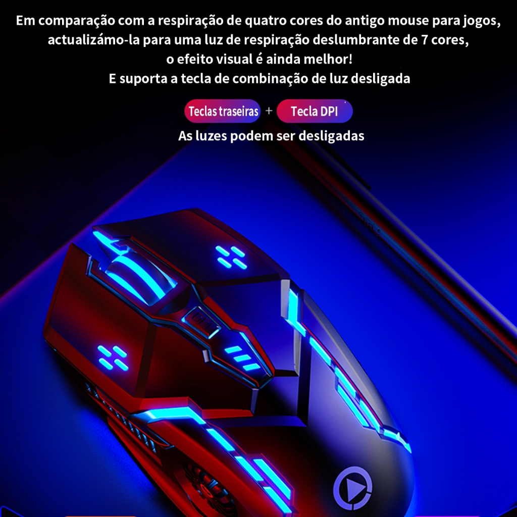 Mouse Gamer Com Led 7 Cores De Luz 4 DPI 6 Botões Com Fio Usb Som e ...