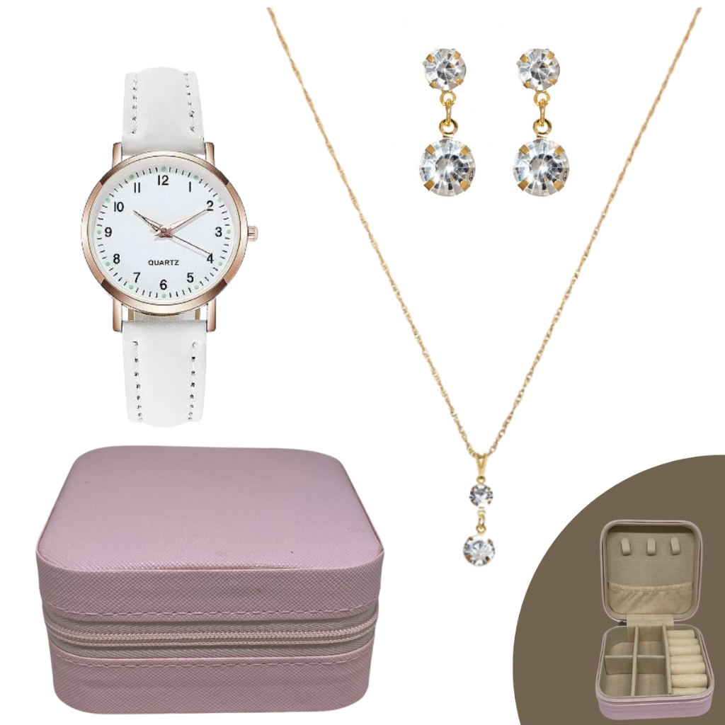Porta Jóias Luxo Ziíper Potátil + Colar + Brinco + Relógio Feminino ...
