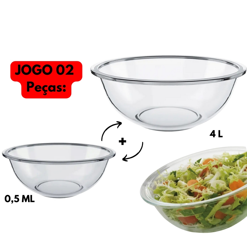 Jogo Kit 02 Tigelas Vidro Astral Plus Para Preparo 0,5L+4L Sem Tampa Redonda Marinex ...