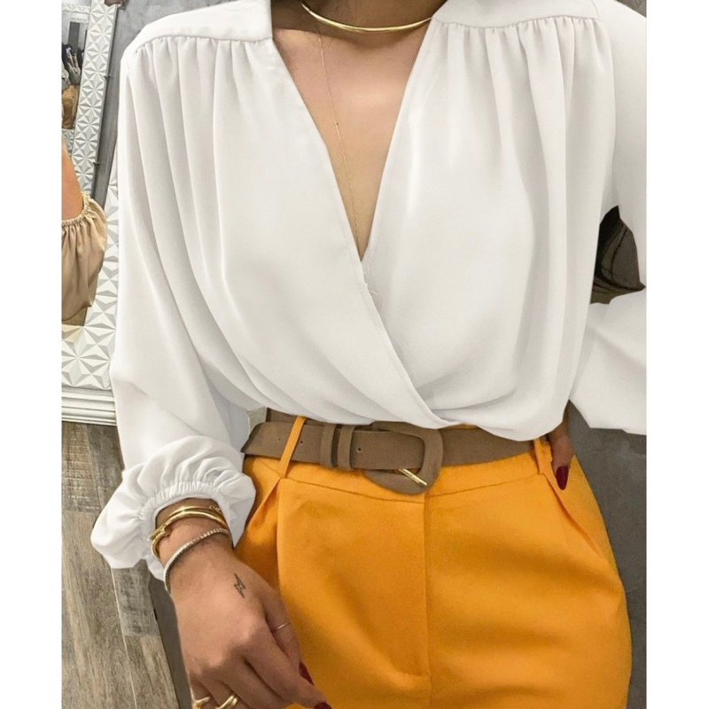 Blusa Feminina Manga Longa Decotada Transpassada Corte V Elegante no ...