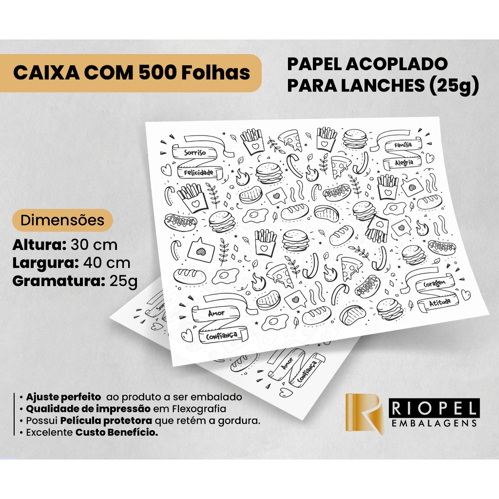 PAPEL ACOPLADO PARA LANCHES - EMBALAGEM P/ ALÍMENTOS (CAIXA COM 500 ...