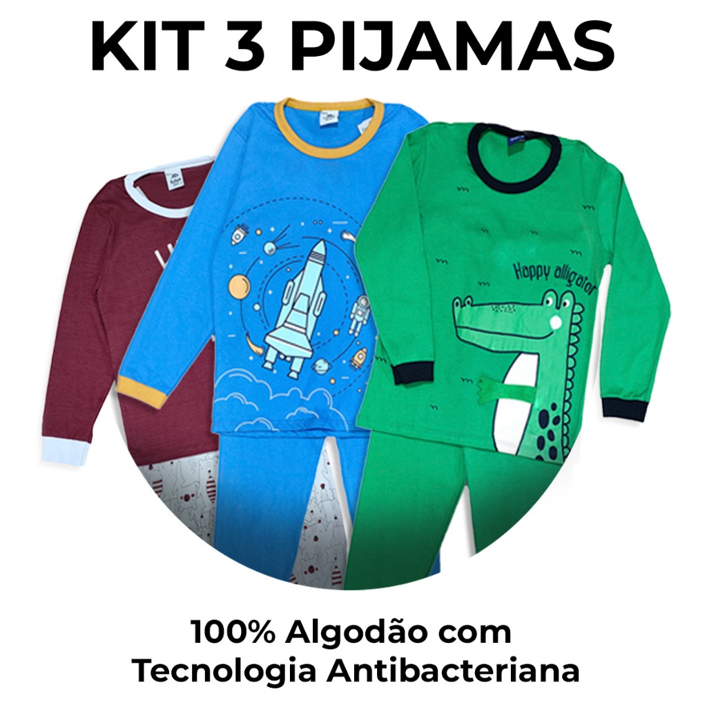 Kit 3 Pijamas Infantis Só Para Meninos Casual Confortável 100% Algodão ...