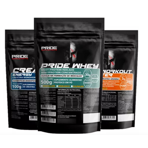 Kit Pride Whey Protein 500g + Pré Treino 150g + Creatina 100g – Kit com ...