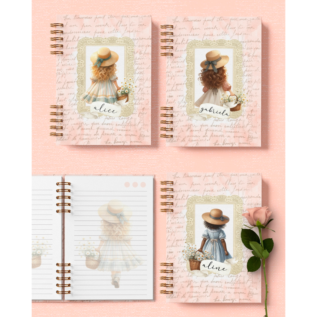 Caderno personalizado com nome, 200 páginas, A5. folhas decoradas, BRILHANTE modelo Doce Menina ...