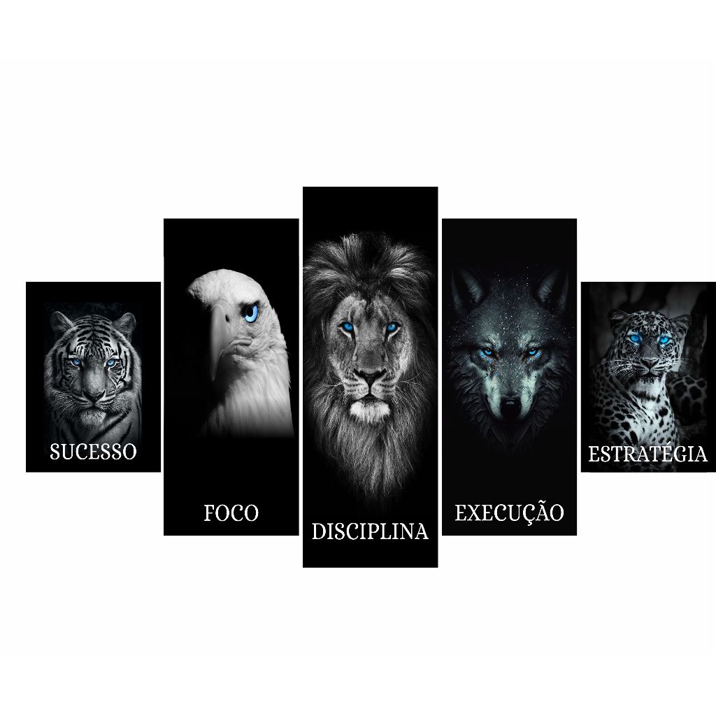 Quadro Decorativo Mosaico 5 peças Disciplina Foco Sucesso Força Leão ...