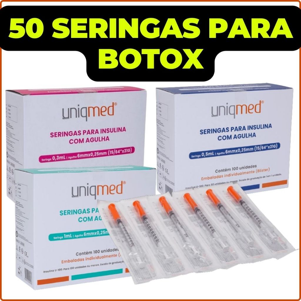 50 Seringas 0,3ml, 0,5ml e 1ml com agulha 6mmx0,25mm - Botox,' Insulina ...