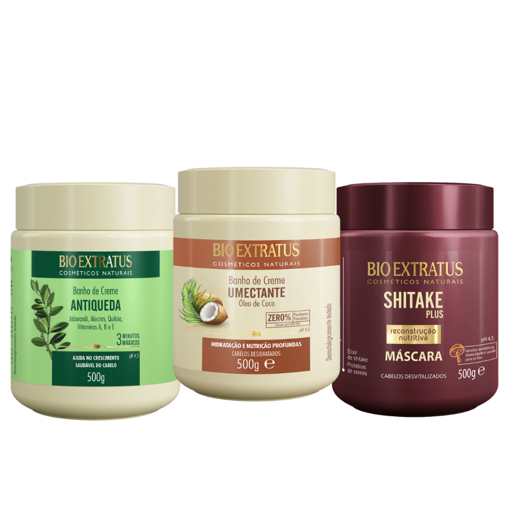 Kit Cronograma Capilar - Banho de creme Jaborandi + Umectante e Máscara Shitake 500ml Bio ...