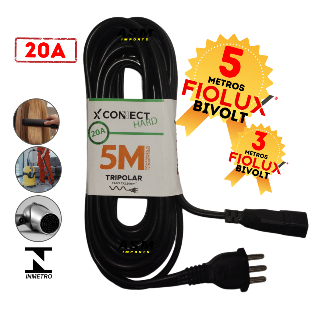 Extensao de Energia Fiolux 5M, 3M Bivolt Tripolar Cordao Prolongador 20A potente | Shopee Brasil