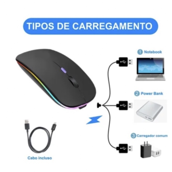Mouse Sem Fio Recarregável Wireless Led Rgb 2,4GHz Bluetooth Bateria Interna Ergonômico ...