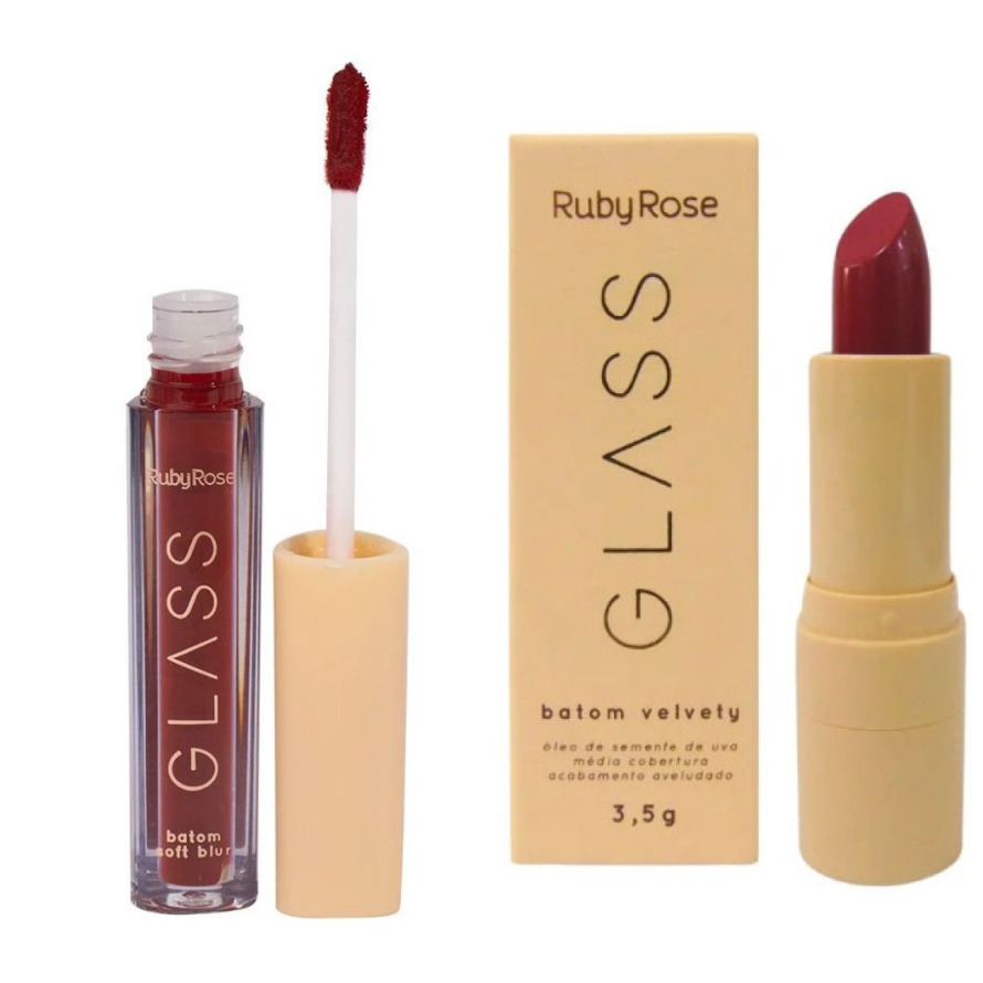 Kit Batom Líquido Soft Blur + Batom Bala Bastão Velvet Glass Ruby Rose ...