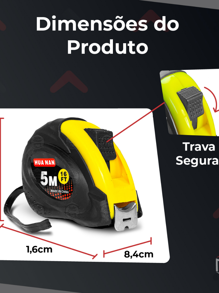 Trena Métrica 5 metros Profissional Emborrachada com Trava Fita de Aço ...