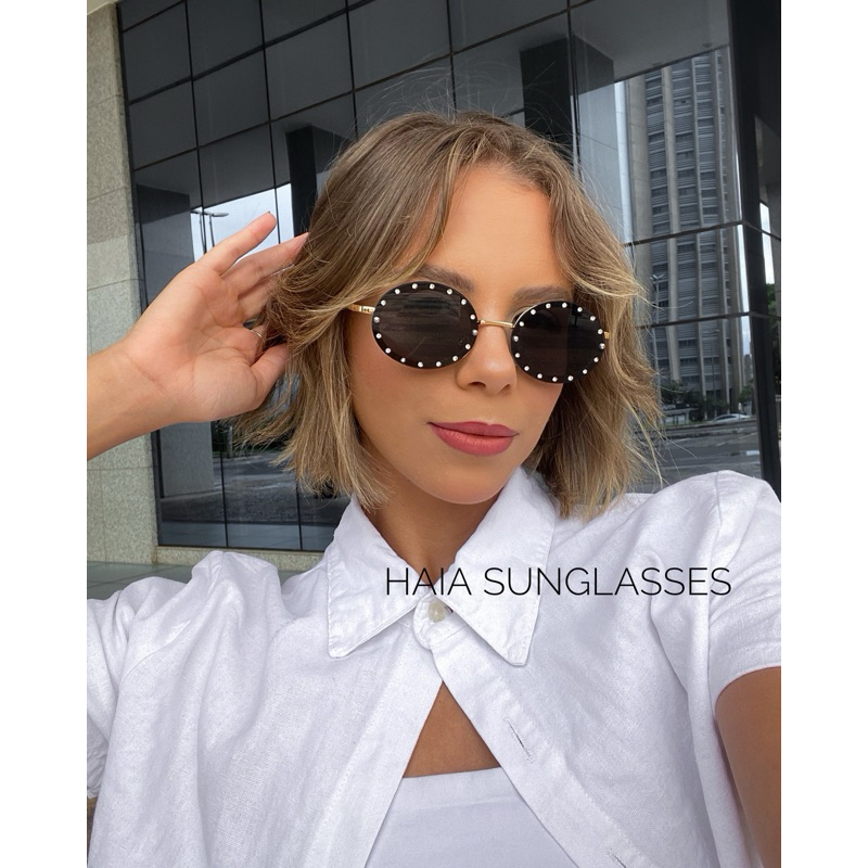 Óculos de sol da moda feminino Blogueira UV400 Redondo strass brilho dourado | Shopee Brasil
