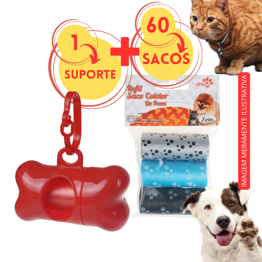 Kit 1 Suporte + 60 Saquinhos Cata Cata Coletor de Fezes Refil Linha Pet ...