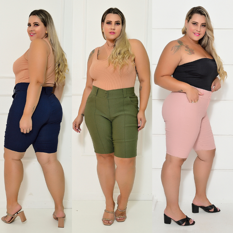 Bermuda Plus Size Bengaline Feminina Social 2 Botões Alfaiataria ...