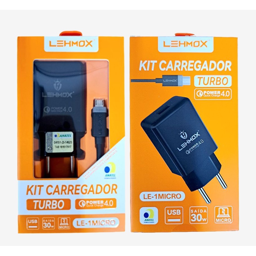 Lehmox Kit 10 Carregador Turbo QC 4.0 30W Micro USB V8 / Tipo-c ...