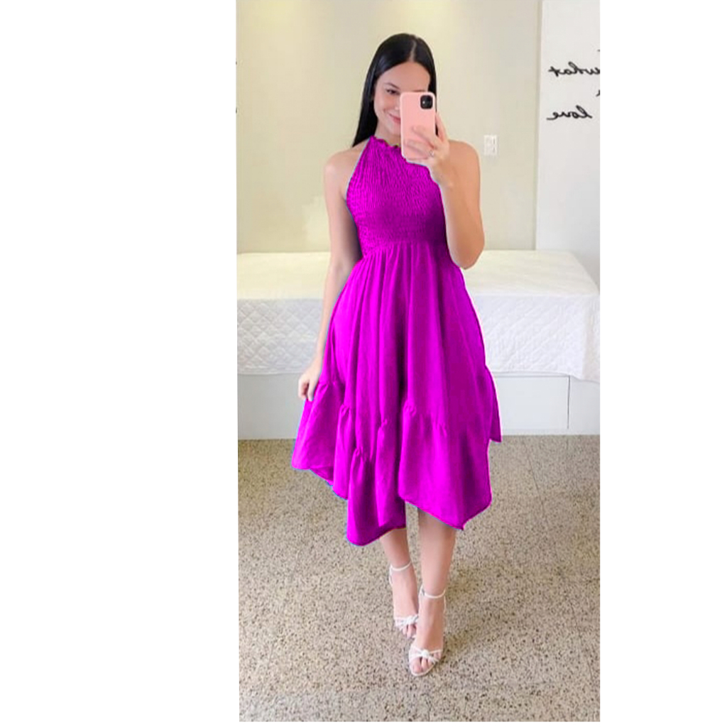 vestido Midi Lastex Gola Alta Saia Rodada | Shopee Brasil