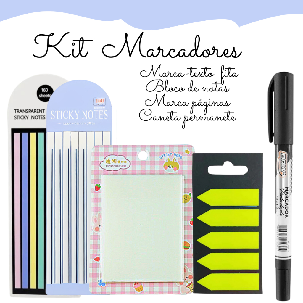 Kit Bloco De Notas Adesivo Transparente + Marca-texto + Marca Página ...