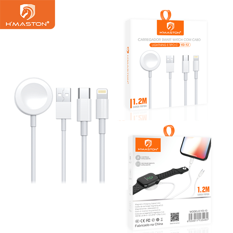 Hmaston YD-13 Carregador magnético três em um para interface iWatch iPhone Lightning USB tipo C ...