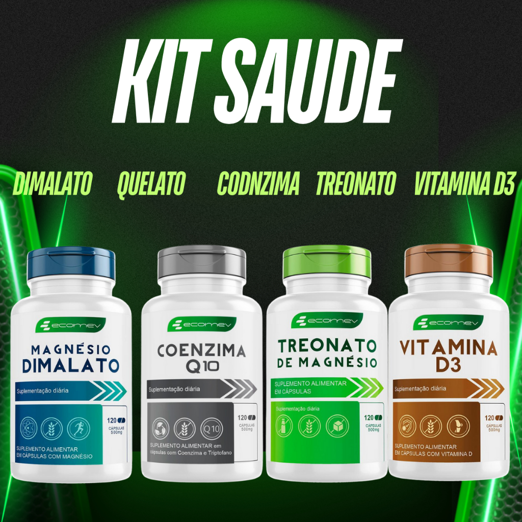 Super Kit Vit. D3 120Cáp Coenzima Q10 120Cáp Magnésio Dimalato e Treonato 120Cáp 100% Puro ...