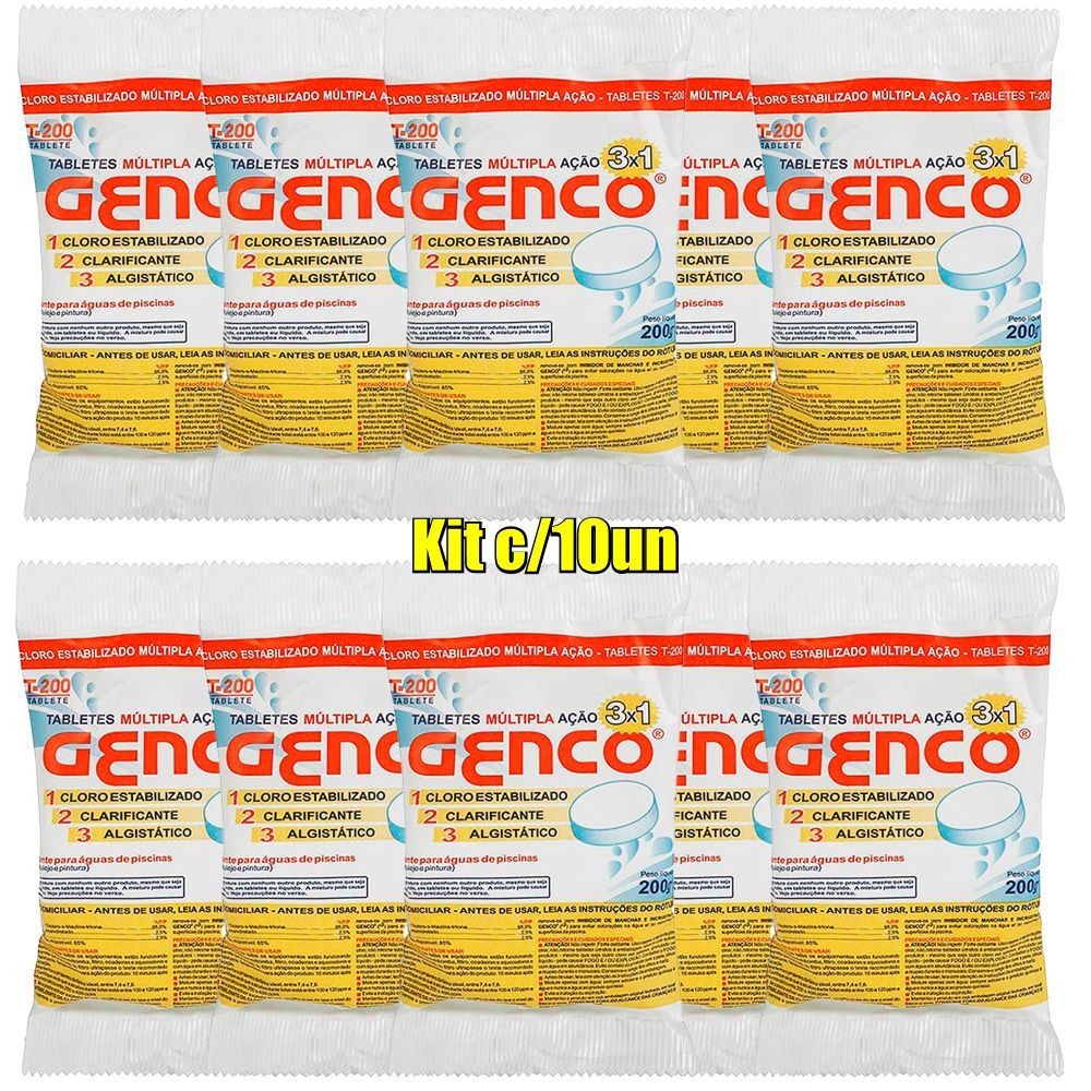 Cloro Genco tablete 200g Kit com 10und 3 em 1 Desinfetante Clarificante ...