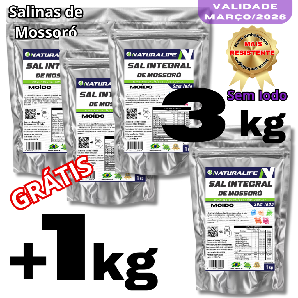 Sal Marinho Integral Sem Iodo Moído 4kg (3kg + 1kg Grátis) | Shopee Brasil