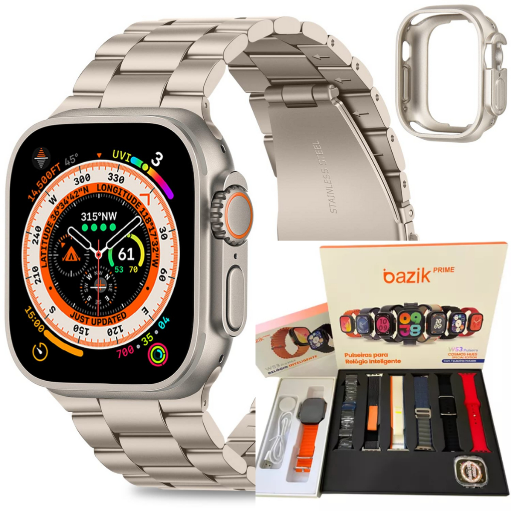 relógio smartwatch com kit 7x pulseiras + case + película smart watch masculino feminino w53 pro ...